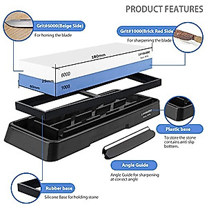 Knife Sharpening Stone Set,Whetstone Dual Sided 1000/6000 Grit Waterstone with Angle Guide Non Slip Rubber Base Holder, Knife Sharpeners Tool Kit for Kitchen Hunting (Blue + black)