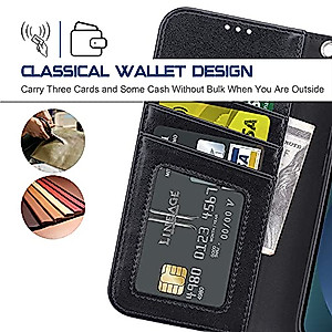 Arae Compatible with iPhone 13 Case [Not for iPhone 13 Pro] with Card Holder and Wrist Strap Wallet Flip Cover for iPhone 13 6.1 inch-Black