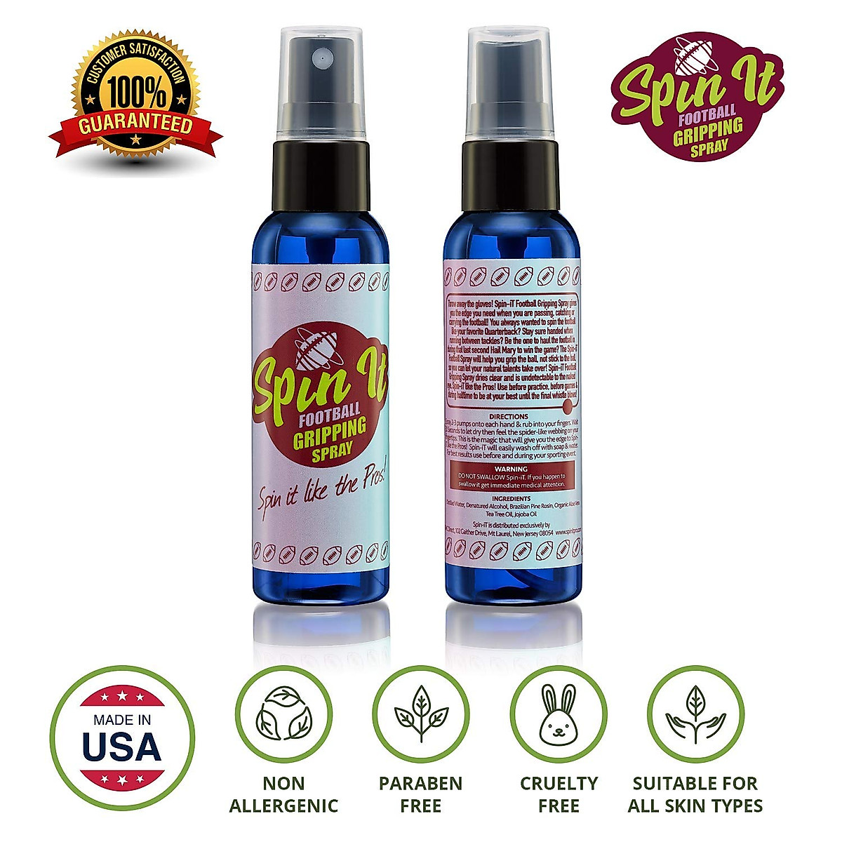 Spin iT Football Grip Spray - Firm Grip With or Without Football Gloves - Compliment to Football Training Equipment & Football Accessories - Increased Football Grip Playing Youth Football (2 oz)
