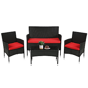 FDW Patio Furniture Set 4 Pieces Outdoor Furniture Wicker Patio Chair Rattan Patio Furniture Patio Conversation Set for Outdoor Indoor Use with Loveseats Coffee Table,Red Cushion