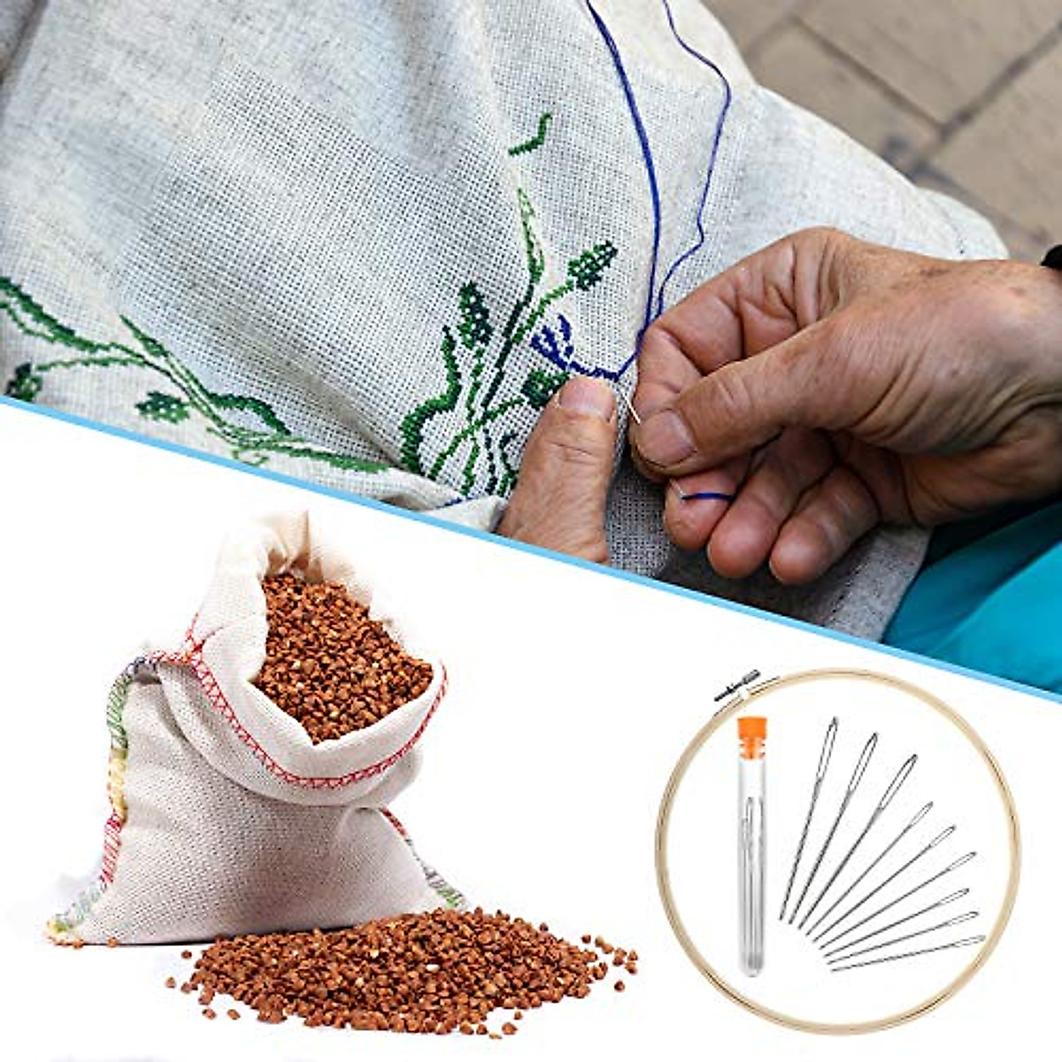 62 by 34.6 Inch Nature Linen Needlework Fabric Embroidery Fabric Plain Solid Color Linen Fabric Cloth with Embroidery Hoop and 9 Pieces Large-Eye Knitting Blunt Needles for Garments Crafts Accessories