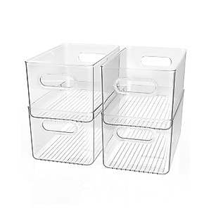 Chikit 4 PCS Clear Plastic Storage Bins, Refrigerator Organizer Bins with Handles, Pantry Organizer Bins for Food, BPA-Free Fridge Organizer for Fridge, Freezer, Kitchen, Cabinet, Pantry, 10" Long