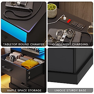 Hasuit Nightstand with Charging Station and LED Lights, Large Bedside Table with 3 Storage Drawer, Black Night Stand for Bedroom, Wider Tabletop 19.0''(L) x 15.0''(W)