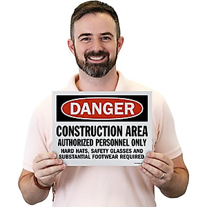 SmartSign 5-Pack 9" x 12" 'Construction Area, Authorized Personnel Only, Hard Hats/Safety Glasses Required' OSHA Signs, Screen Printed, 10 mil Polystyrene Plastic, Red/Black/White, USA-Made