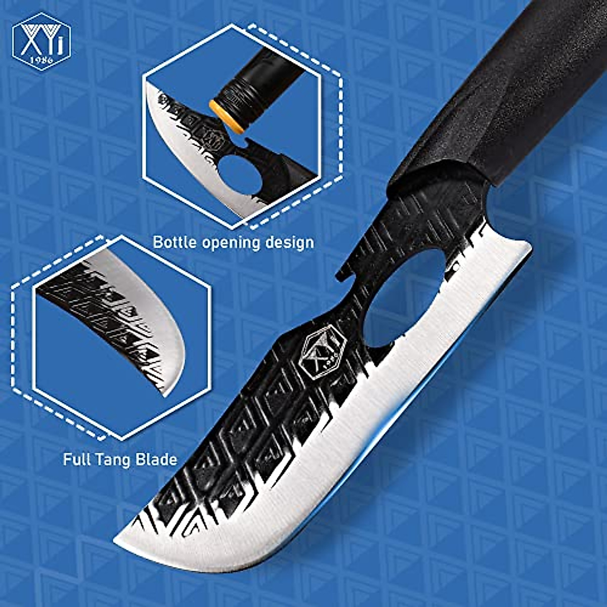 XYJ Authentic Since 1986,6pcs Cooking Slice Knives Set,Camping Chef Knife With Sheath Holder,Honing Steel,Whetstone,Cake Knife,Roll Bag Kitchen Vegetable Knives,Full Tang,High Carbon Steel (Black)