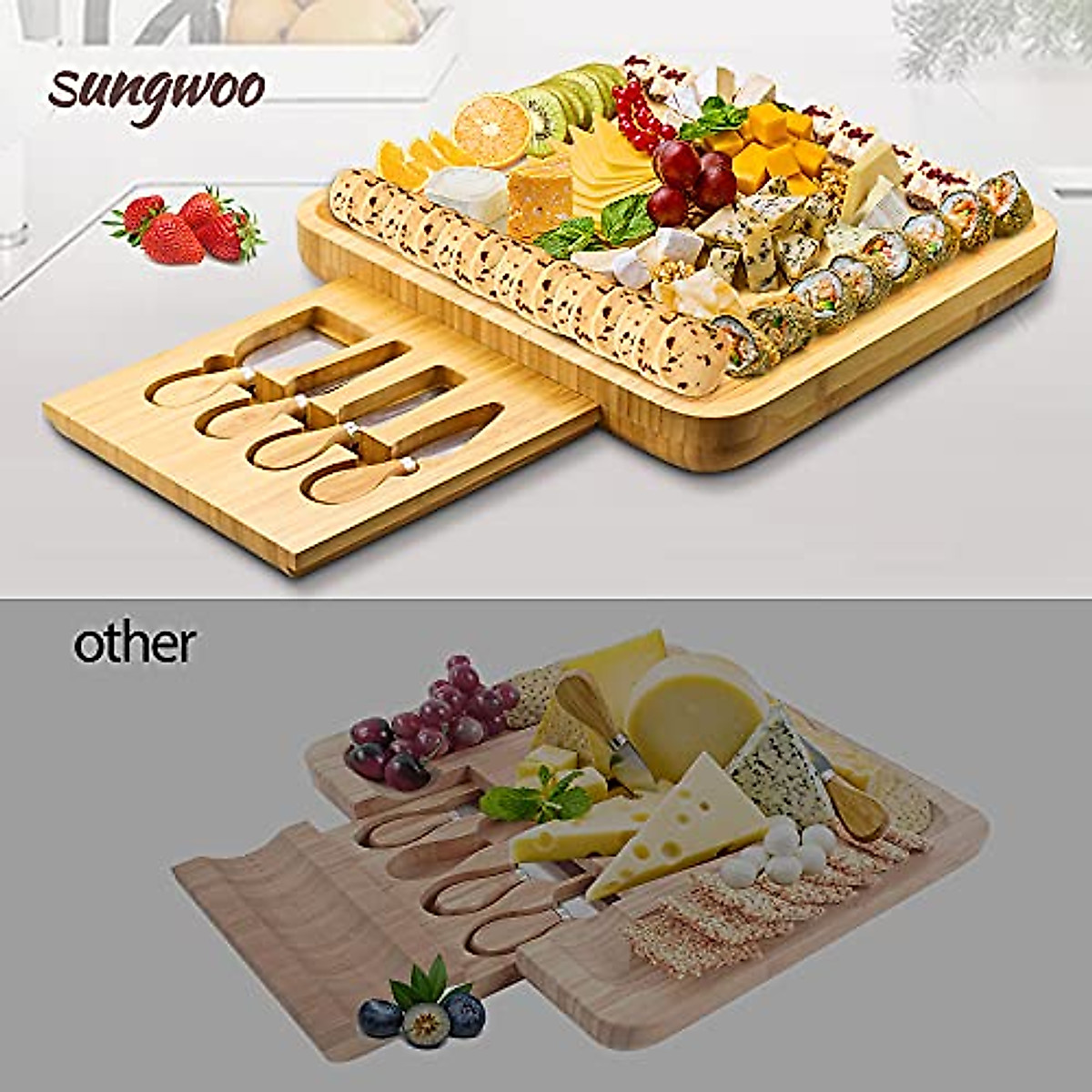 Bamboo Cheese Board and Knife Set, sungwoo Wood Charcuterie Servering Boards Set, Charcuterie Board Accessories, Cheese Plates, for Christmas Women Housewarming Day Wedding Thanksgiving
