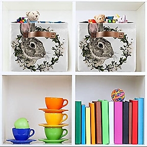 Easter Rabbit Flower Rectangular Storage Basket Storage Bin Collapsible Storage Box with Leather Handles Empty Gift Baskets Organizer for Office, Closet