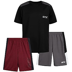 STX Boys' Active Shorts Set ? 3 Piece T-Shirt and Gym Shorts Kids Clothing Set, Size 5/6, Grey/Black/Dark Red