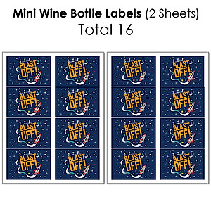 Big Dot of Happiness Blast Off to Outer Space - Mini Wine Bottle Labels, Wine Bottle Labels and Water Bottle Labels - Rocket Ship Baby Shower or Birthday Party Decor - Beverage Bar Kit - 34 Pieces