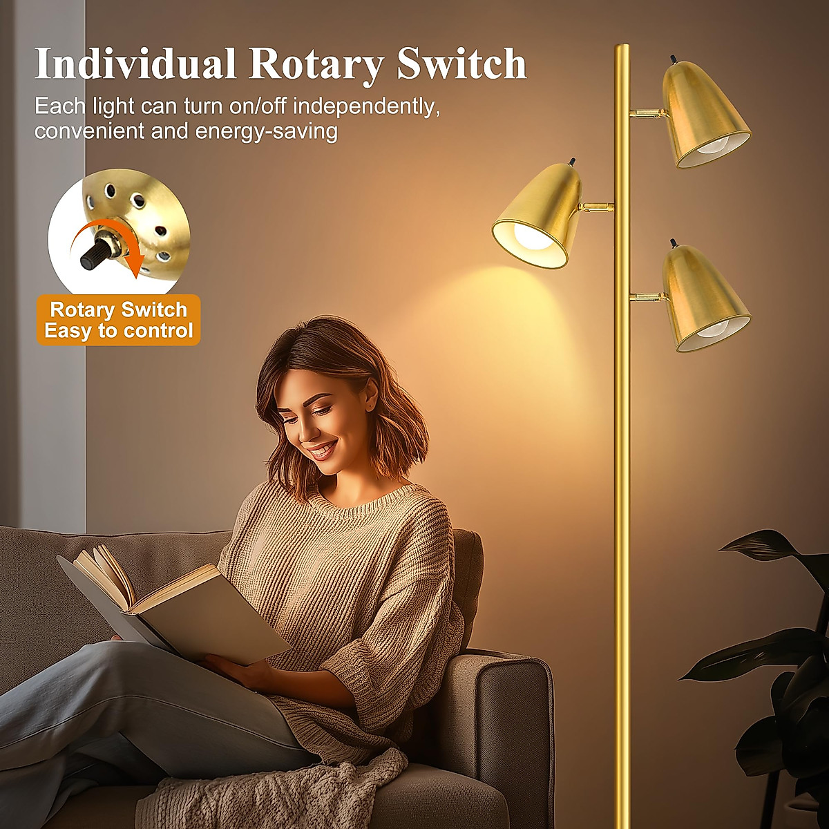 QiMH Tree Floor Lamp with 3 Light Bulbs, Standing Tall Pole Lamps for Living Room Bedroom Office, Reading Stand up Lamps with 3 Adjustable Arms, Brushed Gold