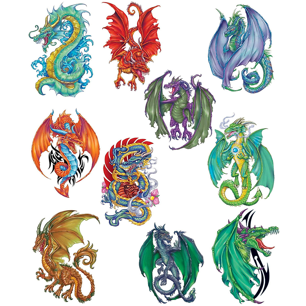 Fantasy Dragons Temporary Tattoos, Set of 10 Colorful Dragon Tattoos