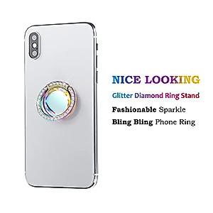 lenoup Iridescent Glitter Bling Bling Phone Ring Holder,Sparkle Phone Ring Grip Artificial Stand with Flat Diamond,Flat Rhinestone Cell Finger Ring for Phones,Pad(Rainbow)
