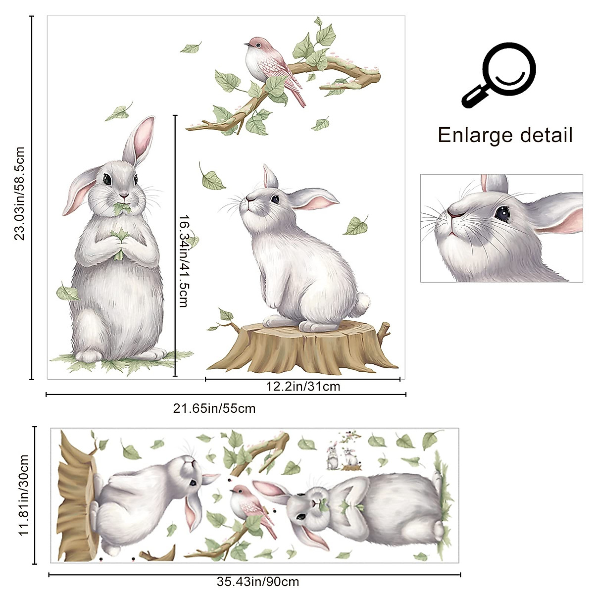 NOA 2 Cute Rabbit Wall Stickers with Bird On The Branches Decals, Removable Cartoon Animal Bunny 3D Vinyl Wallpaper Decor, DIY Art Mural for Nursery Baby Bedroom Living Room