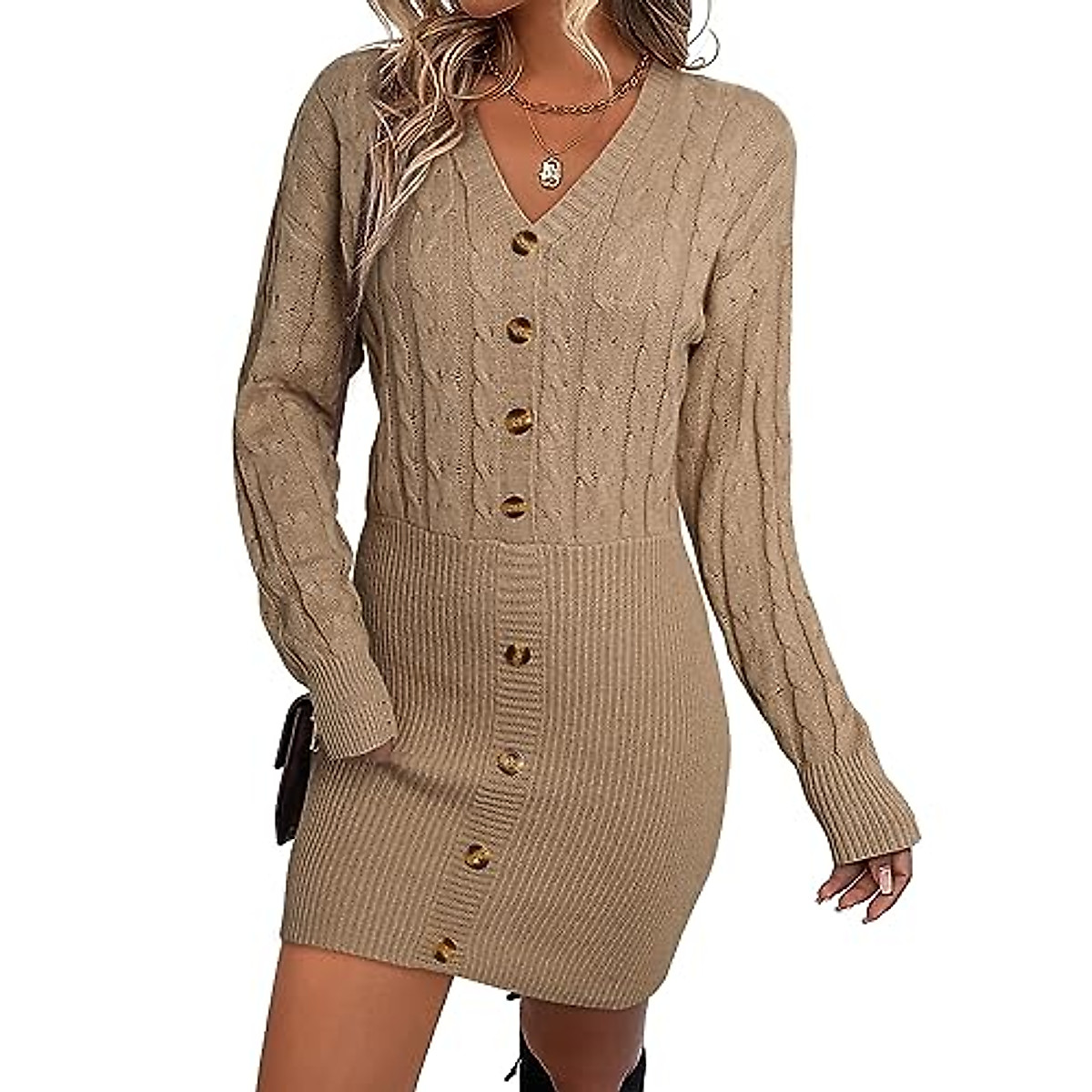 Dokotoo Sweater Dress V Neck Long Sleeve Knit Pullover Sweaters Trendy Buttons Bodycon Mini Dress Khaki Large