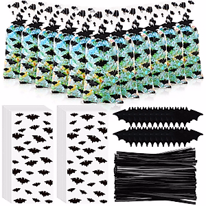 Gueevin 150 Set Halloween Bat Cellophane Candy Treat Bags Trick or Treat Cello Favor Bags Ghost Bat Cookie Goodie Bags Bulk with Twist Ties Gift Cards for Halloween Party Supplies