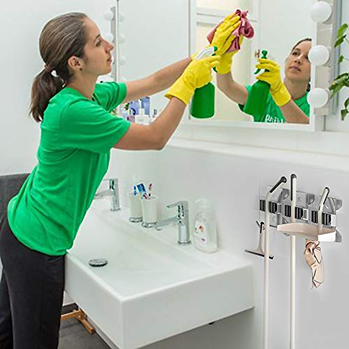 eToolz Mop and Broom Holder Wall Mount - Heavy-Duty Stainless Steel Storage Organizer, Screw - Set of 2 Rack Hangers for Kitchen, Garage, Garden, Cleaning Tools