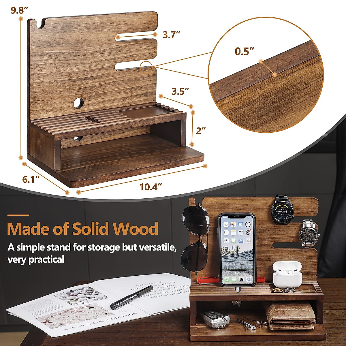 Homde Solid Wood Charging Station Storage/Nightstand for Multiple Devices Including Phone, Smart Watch, Laptop, Tablet Perfect as an Electronic Organizer Gift for Men