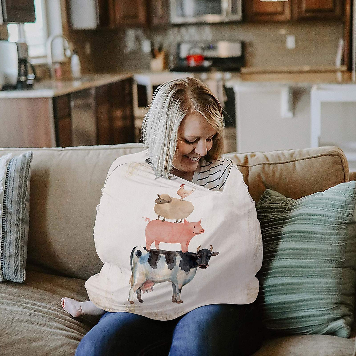 Farm Retro Animals Baby Nursing Cover for Breastfeeding, Watercolor Cow Pig Sheep Chicken Breathable Stretchy Nursing Scarf Carseat Canopy for Boys or Girls Stroller Car Seat Covers Rustic Style