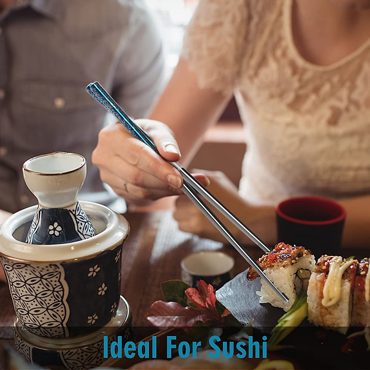 Stainless Steel Chopsticks，Reusable Chopsticks 304 Stainless Steel Chopsticks Lightweight Metal chopsticks Anti-slip Chop Sticks 2 Pairs Chopsticks Dishwasher Healthy (Blue silver)