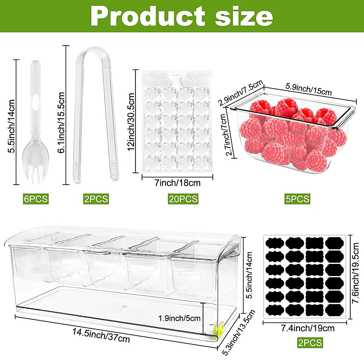 Ice Chilled Condiment Server Caddy, Bar Fruit Caddy with Lid and 5 Removable Compartments, Plastic Storage Food Container Clear Ice Condiment Serving Tray for Party, Toppings Bar Container