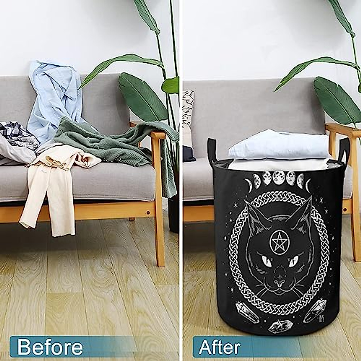 Laundry Basket Witch Wiccan Gothic Moon Phase Witchcraft Cat Laundry Hamper Foldable Storage Basket for Bathroom Room Home Decor