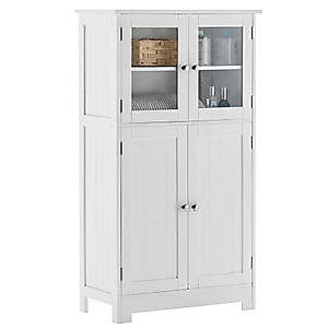 MELLCOM Bathroom Storage Cabinet, Floor Cabinet Cupboard, Wood Linen Cabinet with Doors and Adjustable Shelf,Wood Freestanding Cupboard for Living Room, Entryway, Kitchen, Ivory