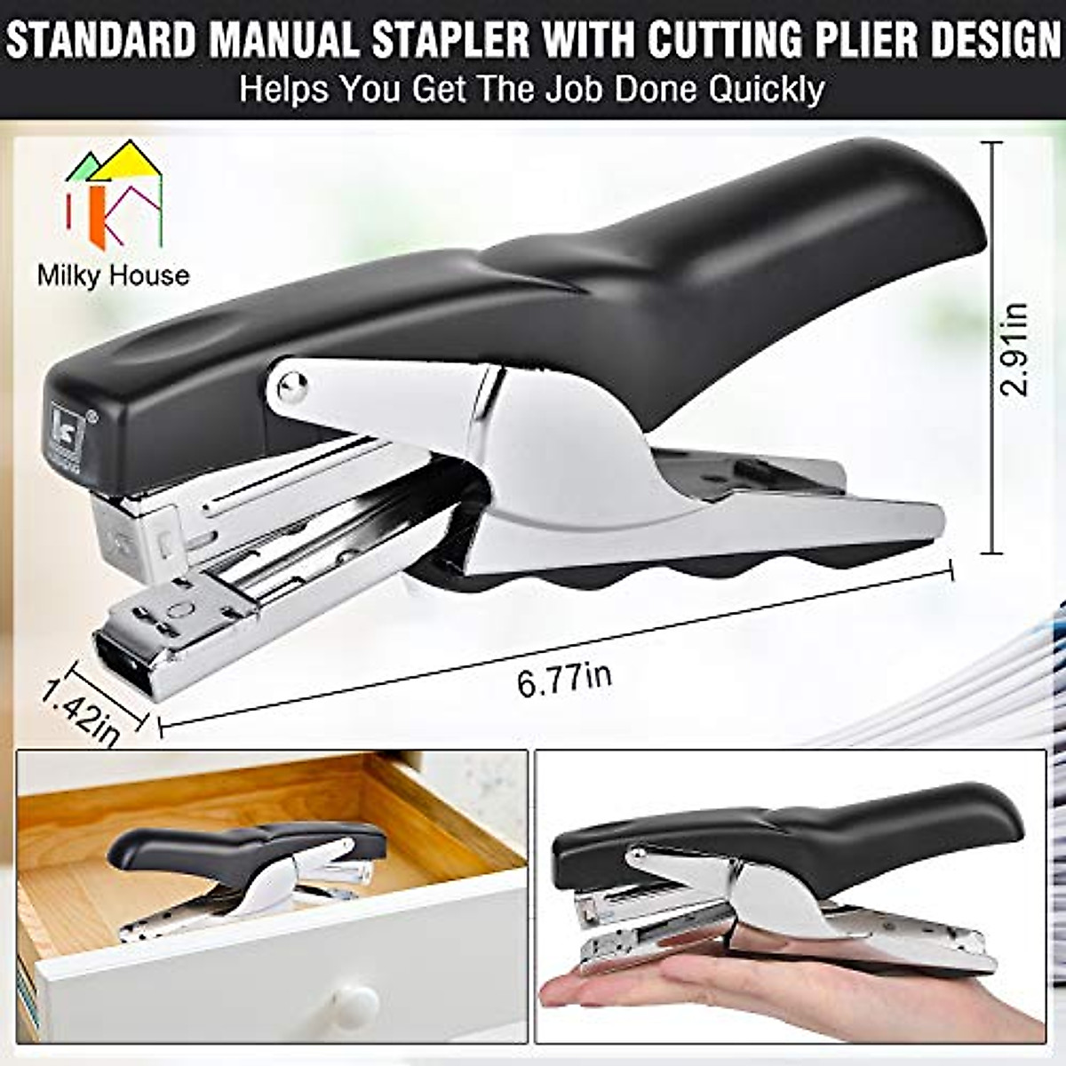 Plier Stapler, Heavy Duty Desk Staples 20 Sheets Paper Capacity Manual Stapler Save 60% Power, for Home School Supplies Portable Handheld Stapling Packaging Staple Gun for Warehouse Desk Office, Black