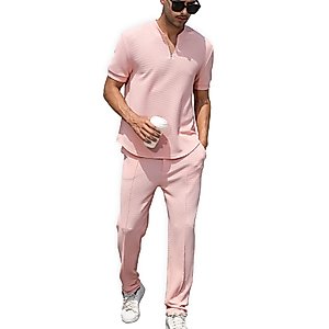 FZNHQL 2023 Men's Sports Clothing Casual Tracksuit Set 2 Piece Outfits Polo Shirt Athletic Pants Track Suit for Men Fashion Sweatsuit Set Pink XL