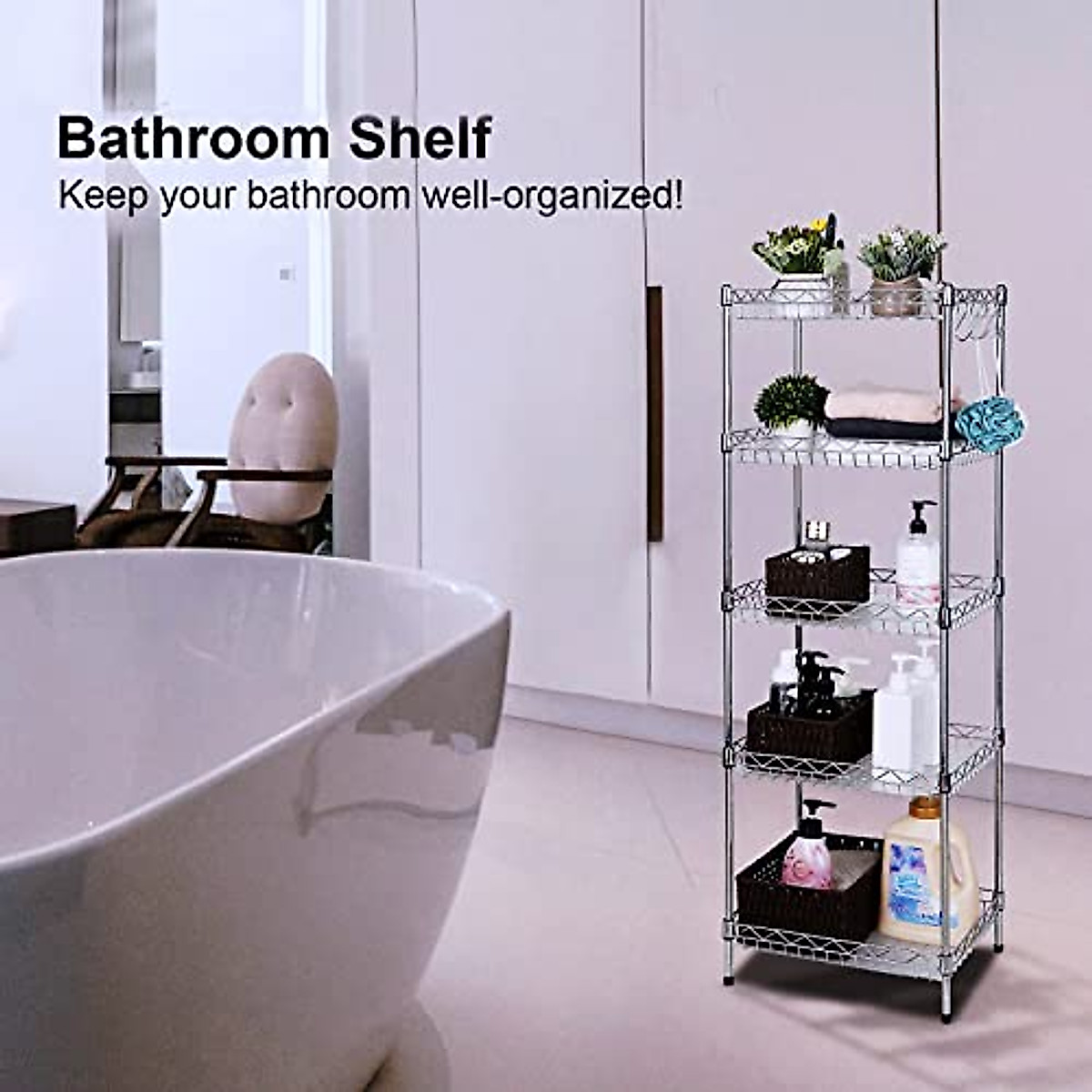 Guangfoshun Storage Shelves, 5-Tier Wire Shelving Unit with Baskets Storage Rack Corner Shelf Shelving Adjustable Storage Shelf, 11.8" D x 15.7" W x 62.99" H,Silver