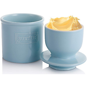 AVLA 2 Pack Ceramic Butter Crock, French Butter Dish with Water Line, Butter Keeper Butter Container for Countertop, Big Capacity, Aqua Blue