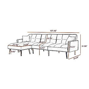 SEVENWOOD Modern Velvet Tufted Reversible Sectional Sofa Couch Bed with Removable Ottoman, Folding Sofa Sleeper Bed with Nailhead Trim Arm and Gold Metal Legs (Off White)