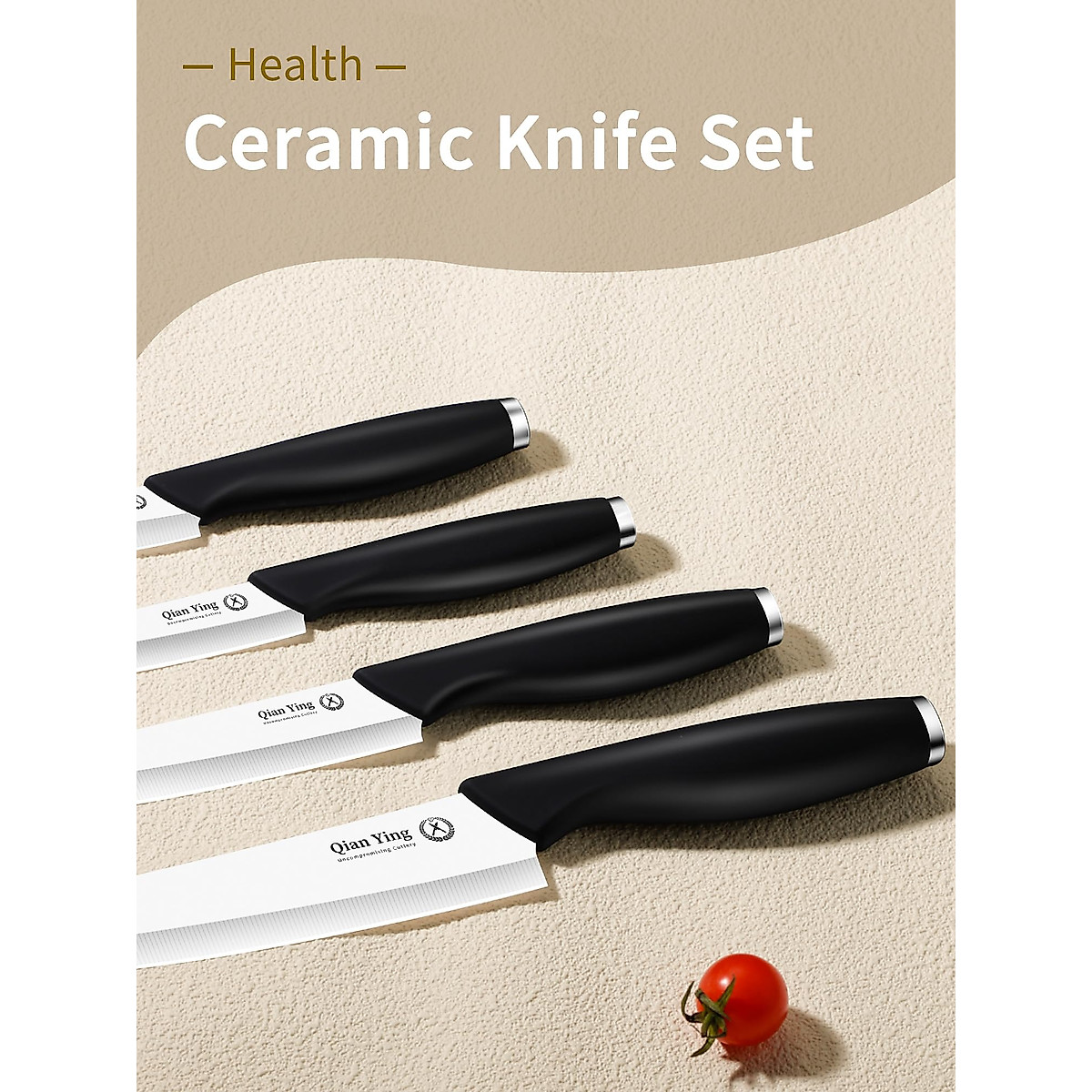 Ceramic Knife Set for Kitchen with Sheath: Sharp Blade Fruit Cutting Knives with Cover Clean Cut Edge Black Handle