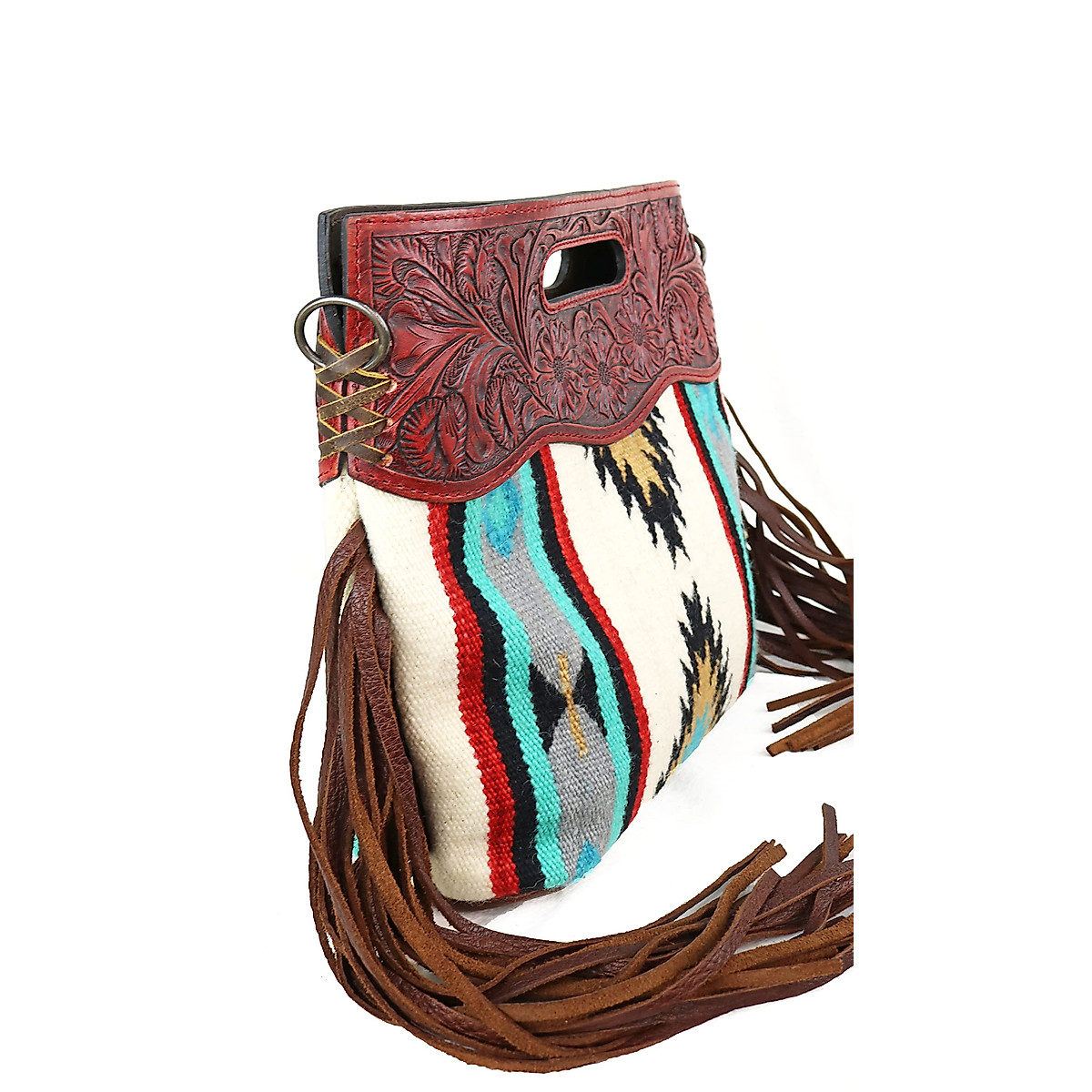 American Darling Aztec Cross Body with Red Tooled Leather ADBG247RedLeather, White
