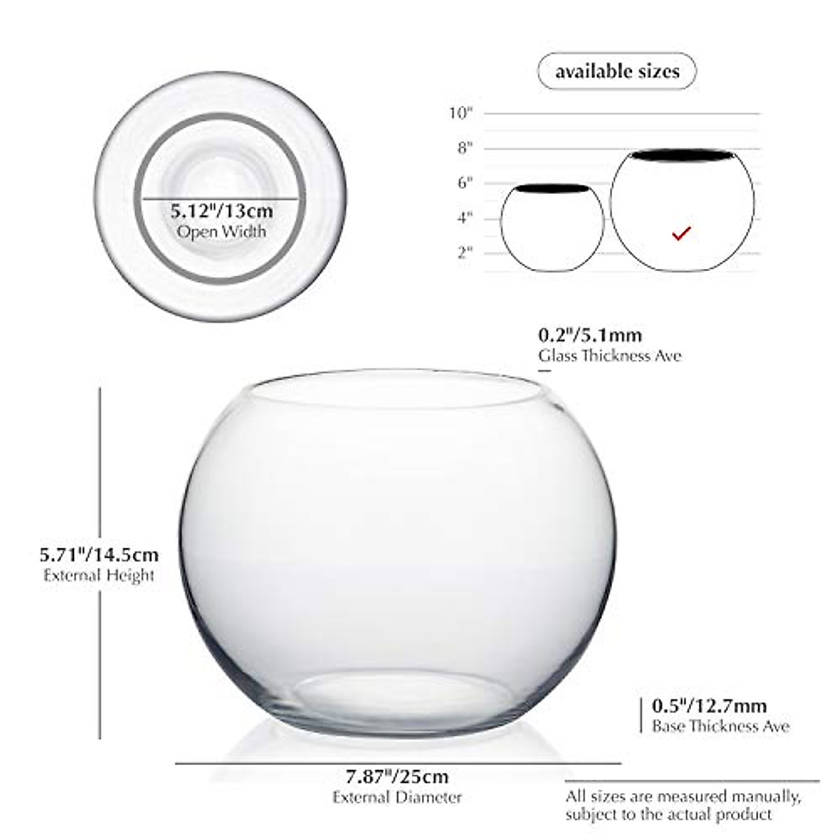 WGV Bowl Glass Vase, Diameter 8", Height 6", Open Width 5", (Multiple Sizes Choices) Clear Bubble Planter Terrarium Fish Bowl for Wedding Event Home Decor, 1 Piece (VBW0008A)