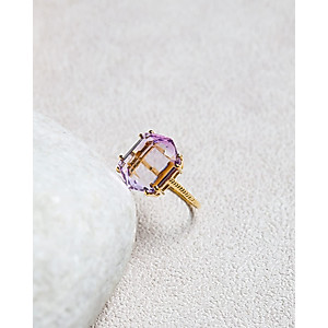 YoTreasure Natural Amethyst Gold Plated over 925 Sterling Silver Statement Double Prong Ring For Women