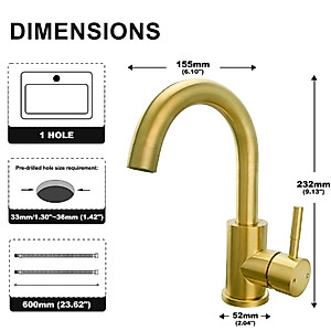 Hoanmpy 304 Stainless Steel Bar Sink Faucet, Bathroom Kitchen Faucet Brushed Gold PVD Pre Wet Small Mini Kitchen Bath Utility Marine Faucet Single Hole Farmhouse Vanity (Brushed Gold PVD)