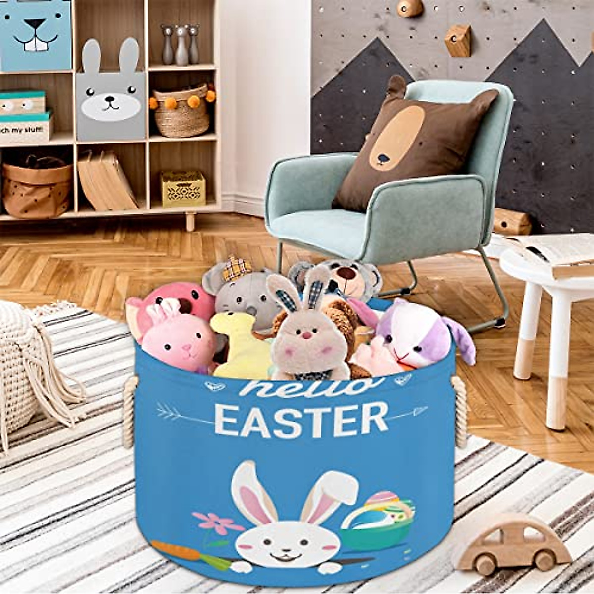 Happy Easter Day Large Round Baskets for Storage Laundry Baskets with Handles Blanket Storage Basket for Bathroom Shelves Bins for Organizing Nursery Hamper Girl Boy