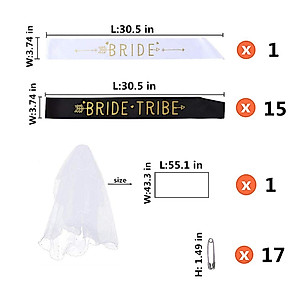 Bride Tribe Bachelorette Party Sash Set: 1 Bride To Be Sash, 15 Bride Tribe(Maid Of Honor Sash), 1 Cascading Veil, 17 Pcs Wedding Decorations Kit For Bridal Shower, Engagement Party Favors & Supplies