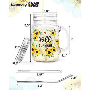 Sunflower Mason Jar Mug with Lid and Straw 16oz Glass Tumbler with Handle Bottle Set for Iced Coffee Smoothie Boba Milk Tea Juices Travel Hello Sunshine Wedding Thanksgiving Christmas Bridesmaid Gift