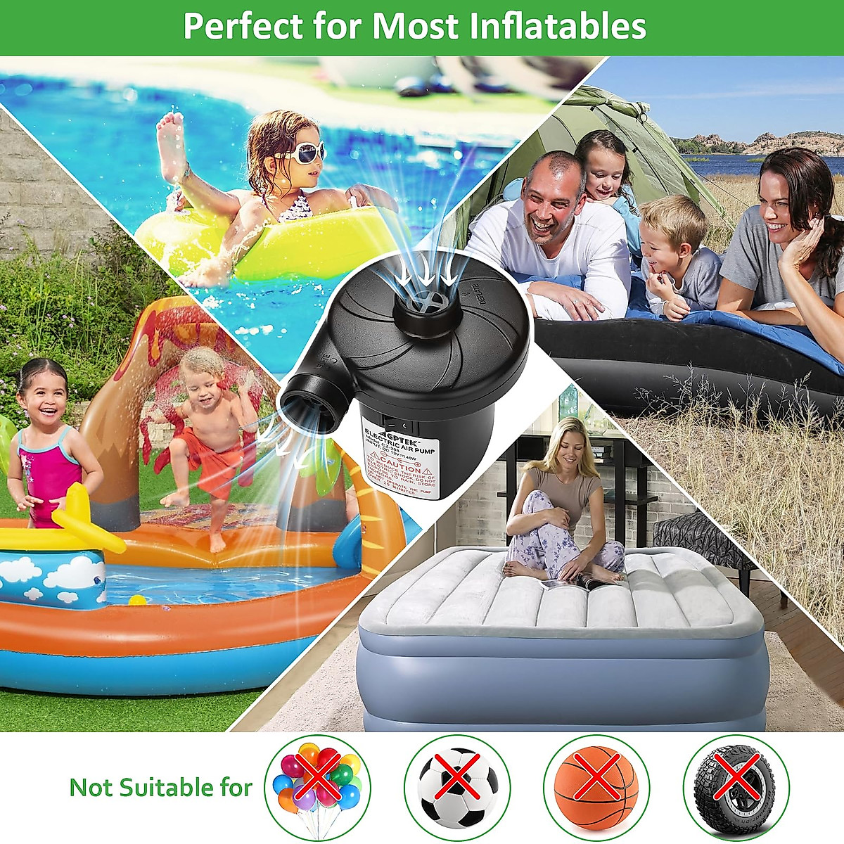 Electric Air Pump, AGPtEK Portable Quick-Fill Air Pump with 3 Nozzles, 110V AC/12V DC, Perfect Inflator/Deflator Pumps for Outdoor Camping, Inflatable Cushions, Air Mattress Beds, Boats, Swimming Ring
