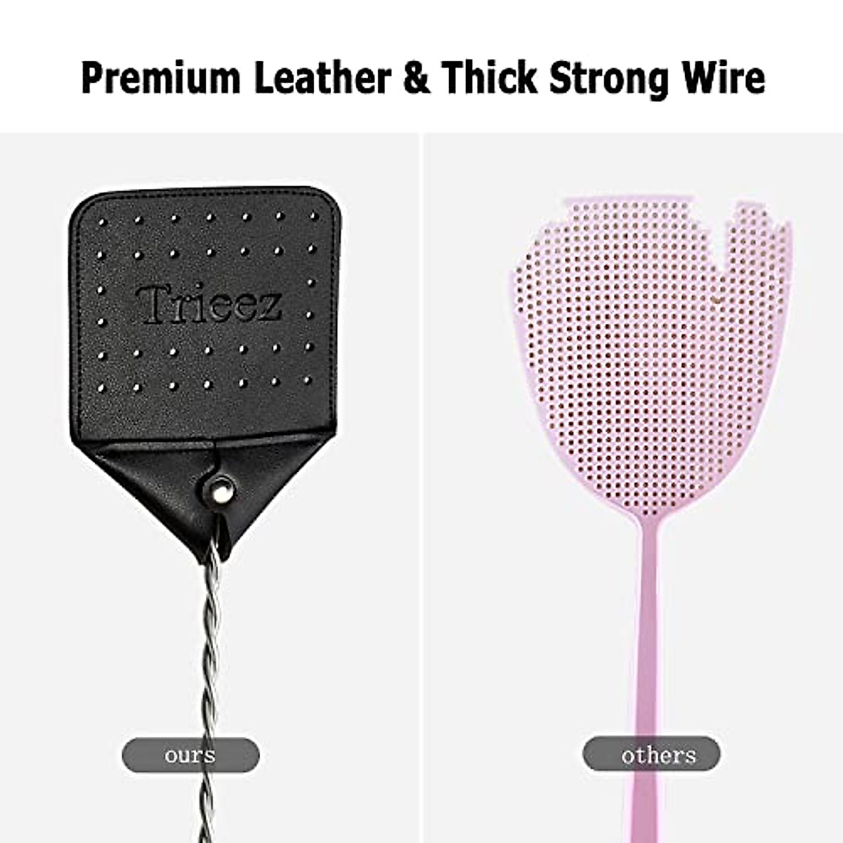 Trieez 17.5" Sturdy Leather Fly Swatter - Heavy Duty Flyswatter with Durable Metal Handle, Rustic Bug Swatter for Flies, Bees, and Mosquitoes - Black