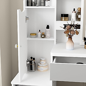 ROMSHINE Small Vanity Desk with Sliding Lighted Mirror, Makeup Desk Vanity with Stool, 3 Colors LED Mirror Vanity with 4 Drawers & Open/Hidden Shelves, Bedroom Space-Saving, White & Grey