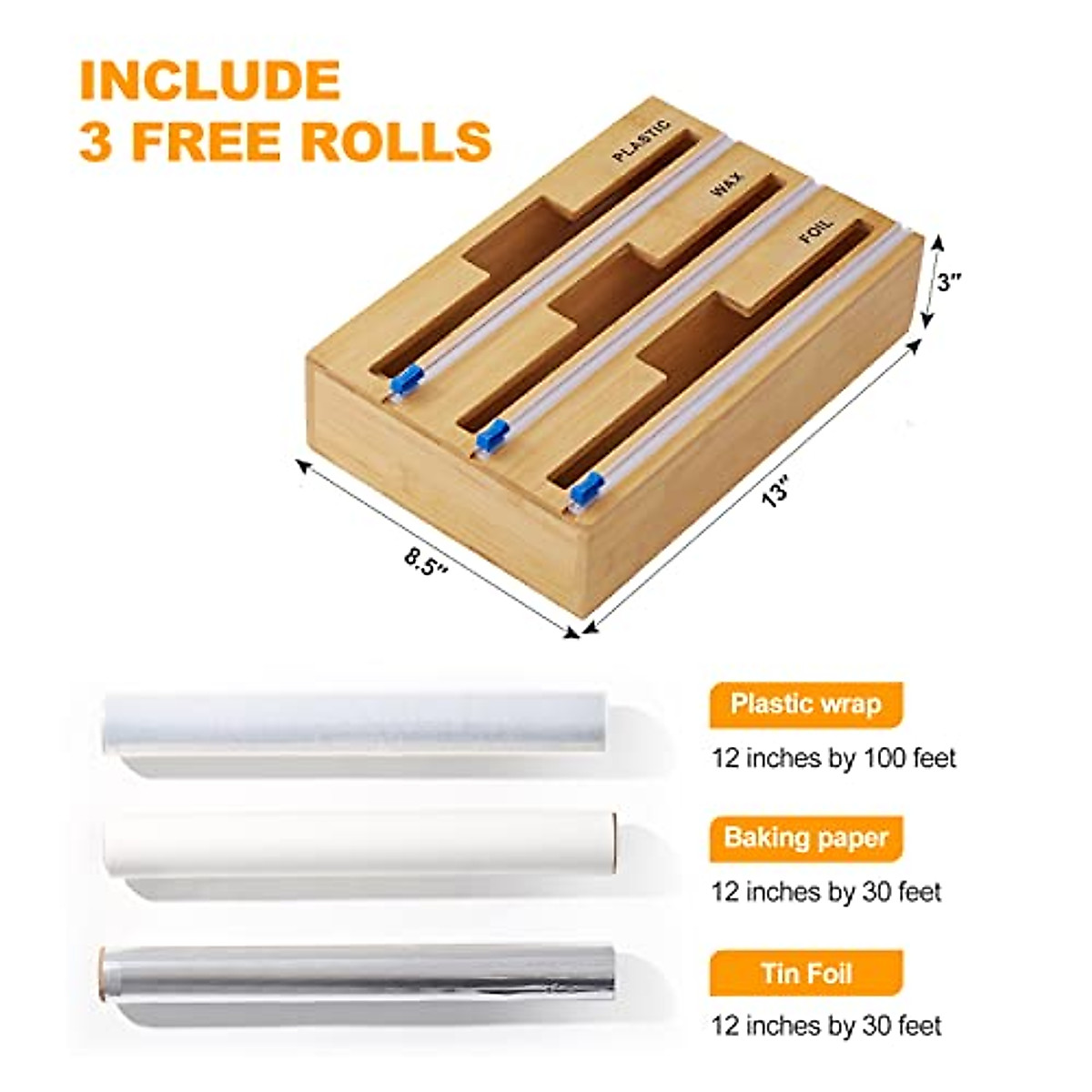 Saran Wrap Organizer with Cutter – a Kitchen Drawer Organizer for Foil and Plastic Wrap Cutter with 3 Free Rolls - Storage for Plastic Wrap and Foil