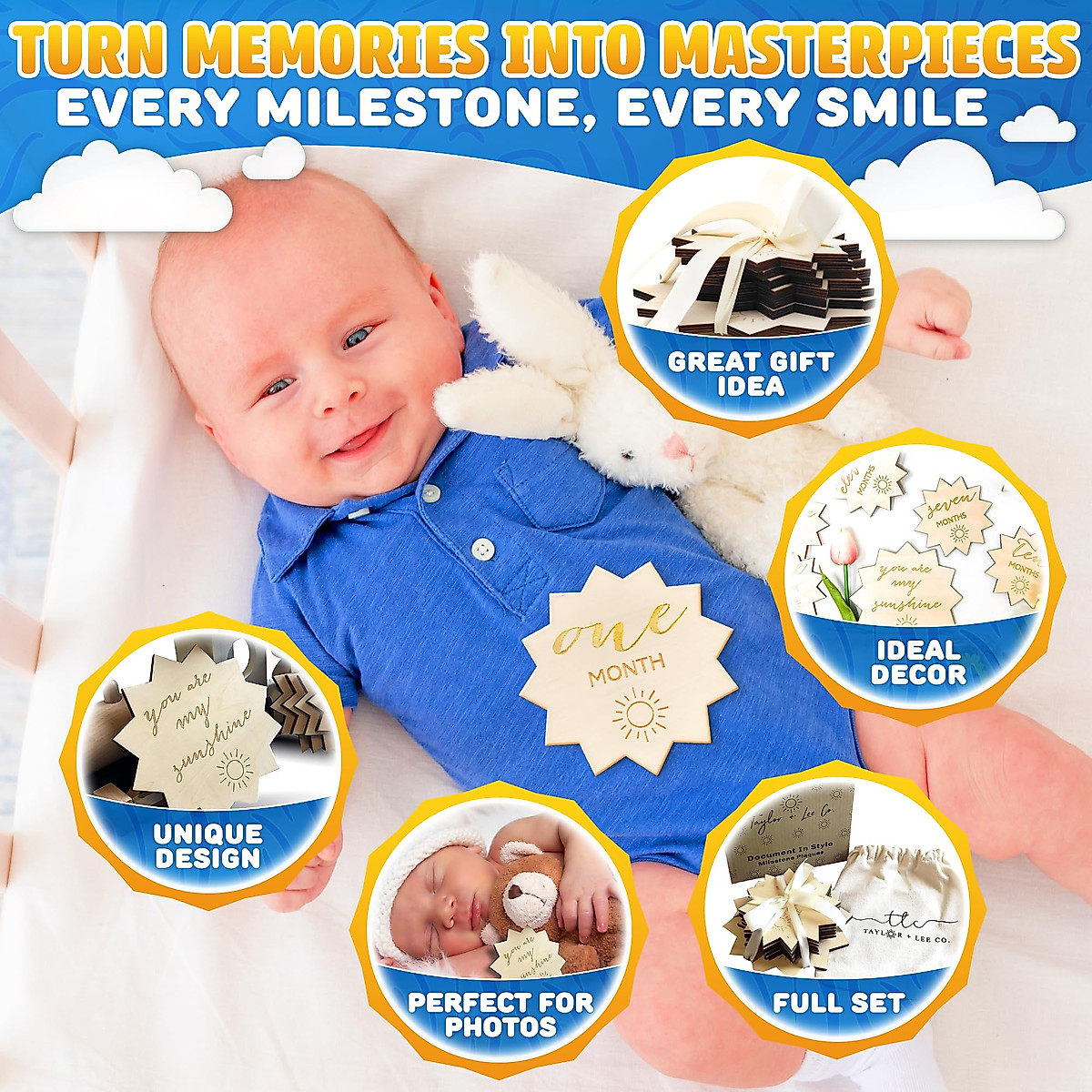 Baby Monthly Milestone Cards - Months Baby Milestone Signs Double Sided Wooden Monthly Baby Milestone Newborn Photography Props - Wooden Baby Blocks