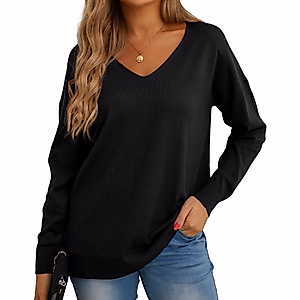 GRECERELLE Women's V-Neck Long Sleeve Side Split Loose Casual Knit Pullover Sweater Blouse Black-Medium