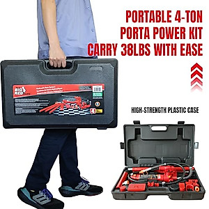 BIG RED 4 Ton Porta Power Kit, 17-Pcs Hydraulic Ram Auto Body Frame Repair Kit With Blow Mold Carrying Storage Case, 8000 Lbs Capacity,Red, T70401S Torin