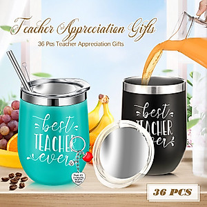 Didaey 36 Pcs Teacher Appreciation Gift Sets 12 Oz Teacher Wine Tumbler for Women Valentines Day Gift for Teacher Thank You Gift Teacher Birthday Gifts Best Teacher Ever Cup and Keychain (Mint)