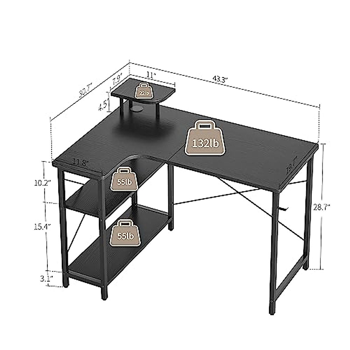 BANTI 43 Inch Corner Computer Desk with Left Storage Shelves, Small L Shaped Office Desk with Top Shelf, Study Writing Table, Black