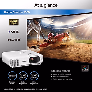 Epson Home Cinema 1060 Full HD 1080p 3,100 Lumens Color Brightness (Color Light Output) 3,100 Lumens White Brightness (White Light Output) 2x Hdmi (1x Mhl) Built-in Speakers 3lcd Projector