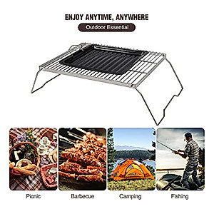 Lineslife Folding Campfire Grill with Grill Plate, Heavy Duty Stainless Steel Campfire Grill Grate with Carrying Bag Portable for Outdoor Camping Cooking